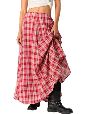 Free People Ives Plaid Maxi Skirt Cherry Combo