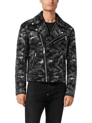 Philipp Plein Strass Leather Biker Jacket Camouflage - Black