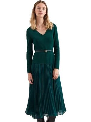 PHASE EIGHT Knitted V-neck Midi Dress With Pleated Skirt And Belt - Green
