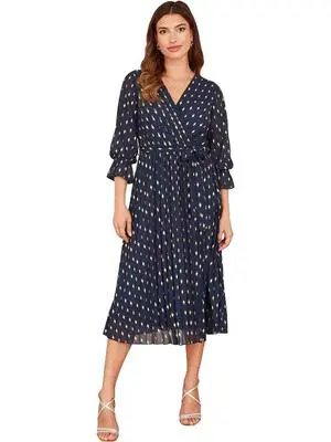YUMI Wrap Foil Pleated Midi Dress - Navy