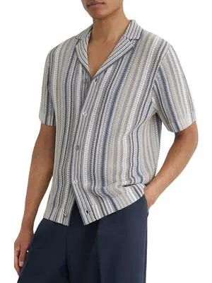 REISS Caden Striped Button-up Camp Shirt - Blue/camel