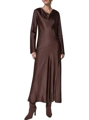 Donna Karan New York Long Sleeve Draped Neck Satin Dress - Espresso