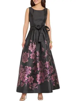 TAHARI ASL Placed Metallic Floral Sleeveless Gown - Black Cranberry