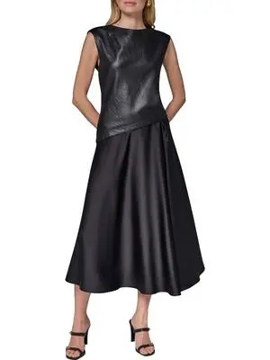 Donna Karan New York Faux Leather Mixed Media Midi Dress - Black