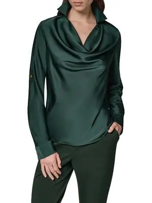 Donna Karan New York Cowl Neck Top With Roll Sleeves - Black Forest