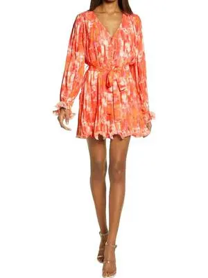 Endless Rose Watercolor Print Pleated Long Sleeve Fit & Flare Dress - Orange