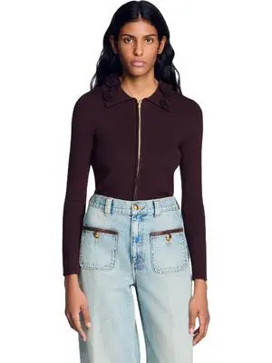 Sandro Cardigan With Floral Collar - Brown