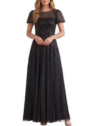 NEEDLE & THREAD Sequin Cascade Bow Short Sleeve Gown - Graphite
