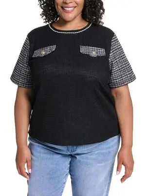 Karl Lagerfeld Paris Faux Pearl Trim Tweed Detail Top - Black