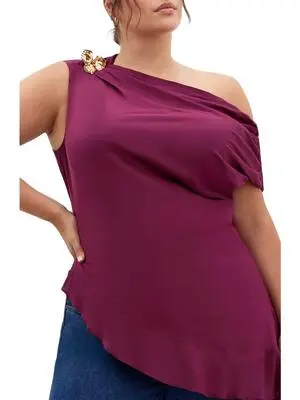 CITY CHIC City Chic One-Shoulder Asymmetric Ruffle Top With Goldtone Hardware