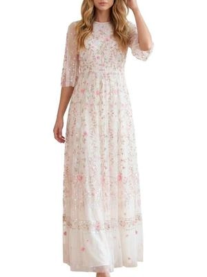NEEDLE & THREAD Rococo 3/4 Sleeve Embroidered Gown - Chalk