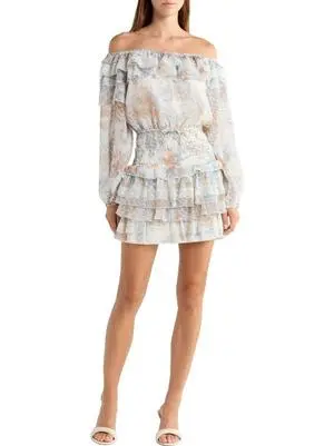 KITTENISH Off-the-shoulder Ruffled Minidress - Blue Swirl