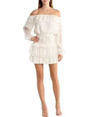 KITTENISH Off-the-shoulder Ruffled Minidress - Egret