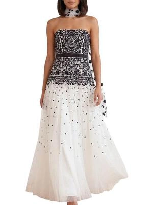 NEEDLE & THREAD Romantic Lace Strapless Ball Gown - Chalk/graphite