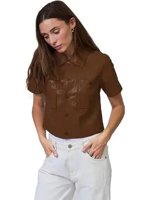 Central Park West Quinn Short Sleeve Vegan Cropped Jacket - Saddle