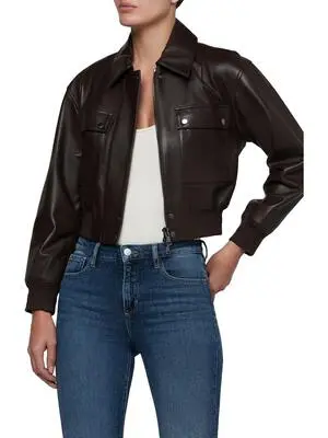 L'Agence Clotilde Cropped Leather Bomber Jacket - Brunette