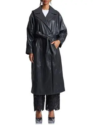 Avec Les Filles Shoulder Pad Faux Leather Long Coat Black