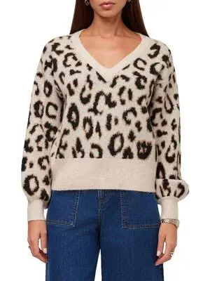 Fifteen Twenty Elodie Blouson Sleeve Print V-neck Sweater - Leopard