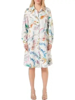 Marina Rinaldi Watercolor Print Long Sleeve Shirtdress - Ice
