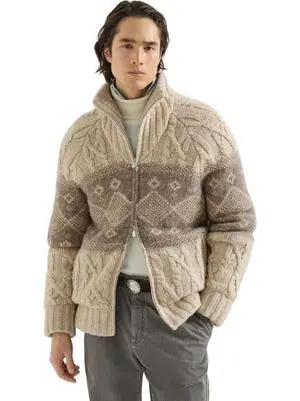 Brunello Cucinelli Virgin Wool, Silk, And Cashmere Chiné Cable Knit Down Jacket - Sand