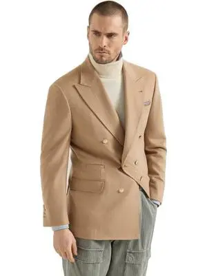 Brunello Cucinelli Flannel One-and-a-half Breasted Tailor Blazer With Metal Buttons - Camel