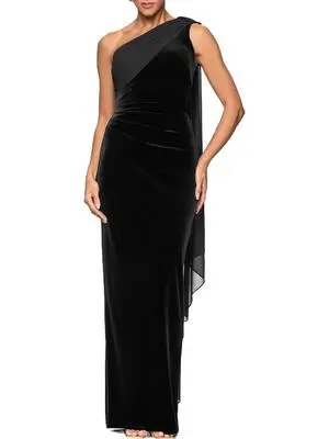XSCAPE EVENINGS One-shoulder Stretch Velvet Gown With Chiffon Sash