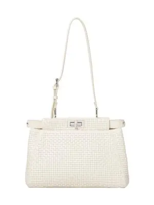 Fendi My Peekaboo Small Woven Calfskin Satchel - Beige