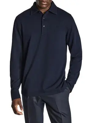 JACK VICTOR Long Sleeve Organic Cotton Polo - Navy