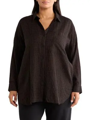 Eileen Fisher Classic Collar Long Shirt In Checked Blend - Coffee