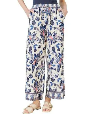 YUMI Tropical Bird Print Viscose Wide Leg Trousers - Blue