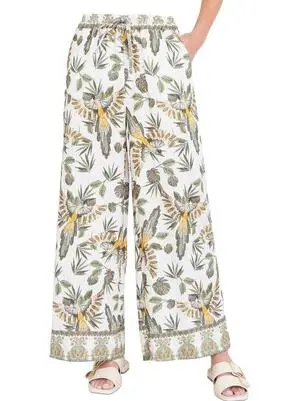 YUMI Tropical Bird Print Viscose Wide Leg Trousers - Green