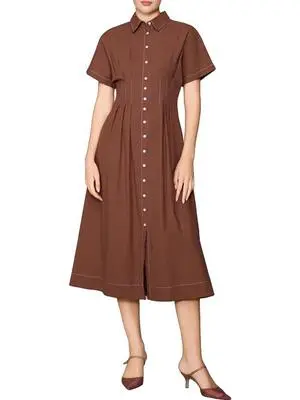 MELLODAY Contrast Stitch Midi Shirtdress - Brown