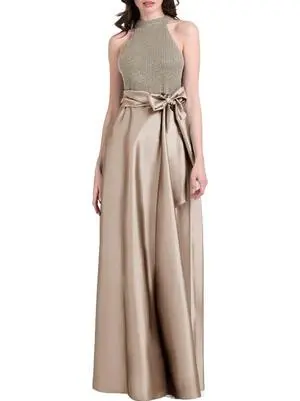 EMILY SHALANT Beaded Mock Neck Sleeveless Taffeta Gown - Silver