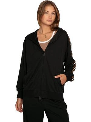 BELLE & BLOOM Zip-up Hooded Track Jacket With Striped Sleeves - Black