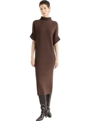 Brunello Cucinelli Cashmere Rib Knit Mock Neck Dress - Brown