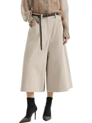 Brunello Cucinelli Dyed Denim Wide Cropped Trousers With Monili - Sand