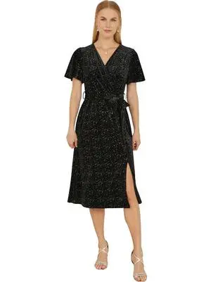 YUMI Velvet Sparkle Wrap Midi Dress - Black