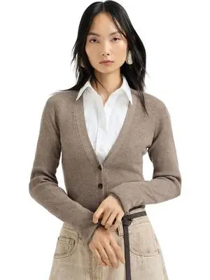 Brunello Cucinelli Sparkling Cashmere Lightweight Ribbed Cardigan - Rope