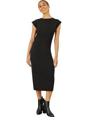 YUMI Knitted Ruched Midi Dress Black