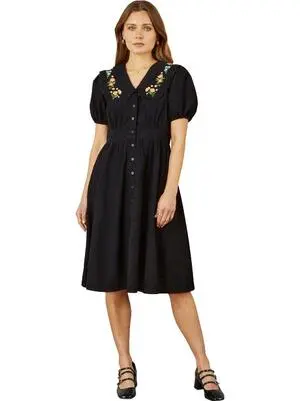 YUMI Embroidered Collar Cord Tea Dress - Black