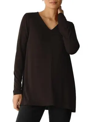 Eileen Fisher Long Sleeve V-neck Tunic Top - Coffee