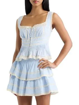 LoveShackFancy Kaelin Lace Trim Ruffle Sleeveless Top - Chambray Sky