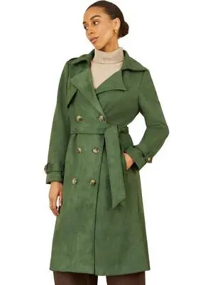 YUMI Faux Suede Trench Coat - Green