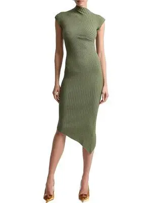 Avec Les Filles Radial Rib Asymmetric Hem Midi Dress - Olive Multi