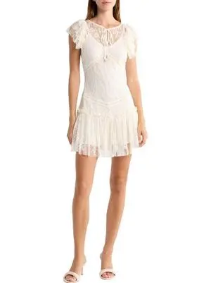 KITTENISH Flutter Sleeve Lace Minidress - Egret