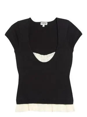 Staud Marin Chiffon Trim Short Sleeve Sweater - Black/ivory