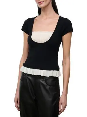 Staud Marin Chiffon Trim Short Sleeve Sweater - Black/ivory