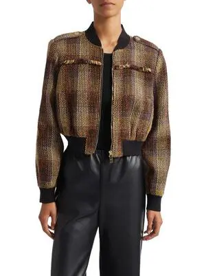 TOCCIN Pierce Fringe Detail Tweed Bomber Jacket - Fig Multi