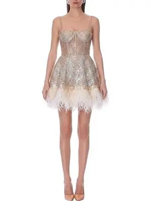 BRONX BANCO Mademoiselle Bead & Feather Cocktail Minidress - White