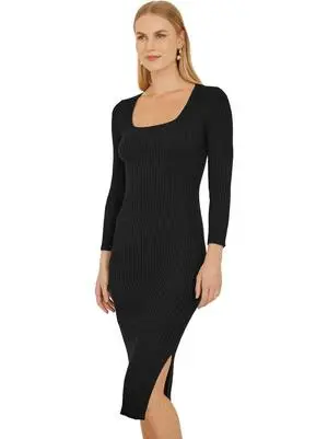 YUMI Side Split Fitted Knit Midi Dress - Black